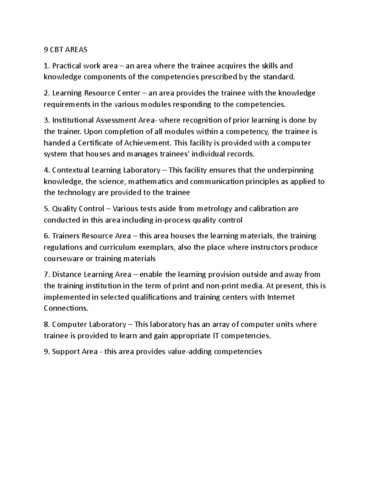 9 CBT Areas 9 CBT AREAS Practical Work Area An Area Where The