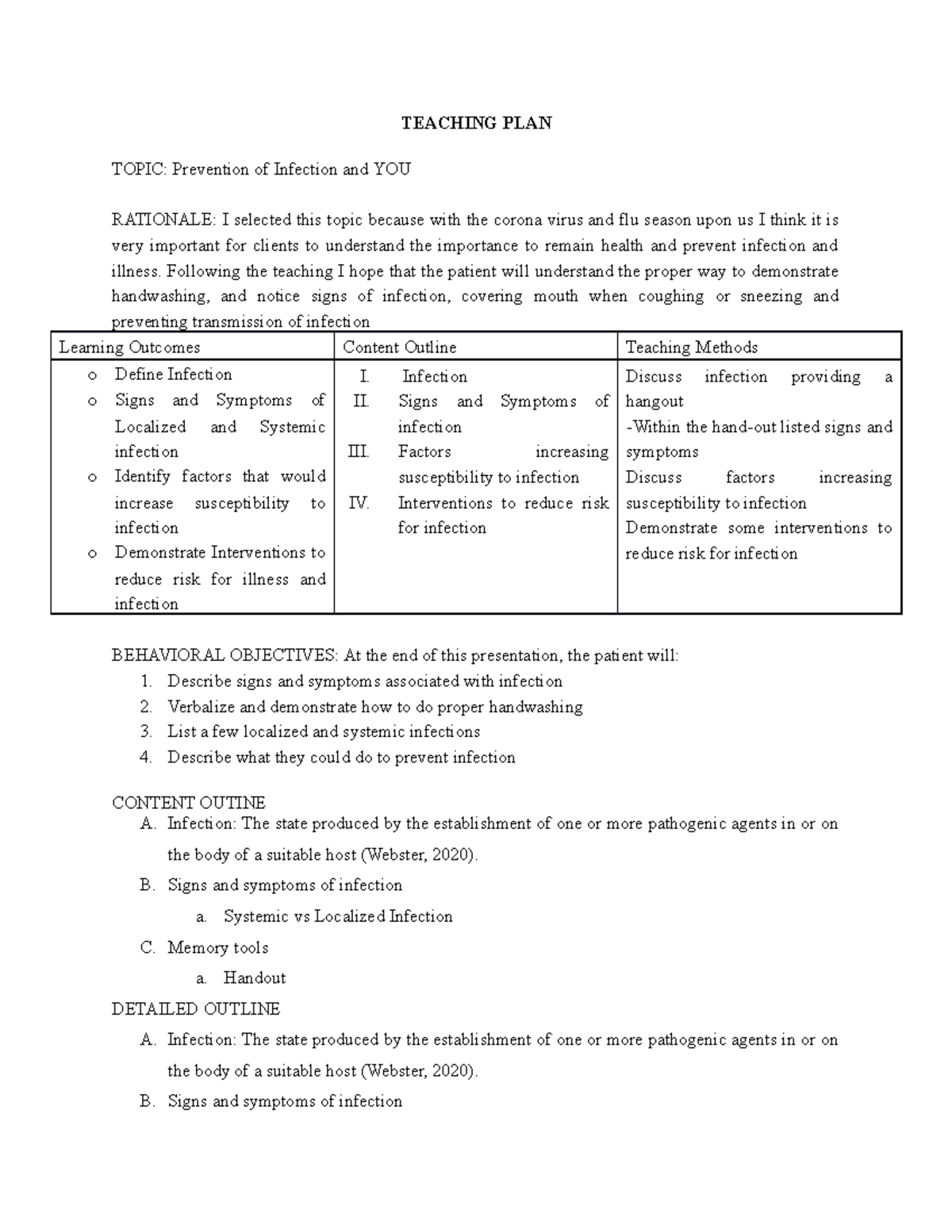 Teaching PLAN - TEACHING PLAN TOPIC: Prevention of Infection and YOU ...
