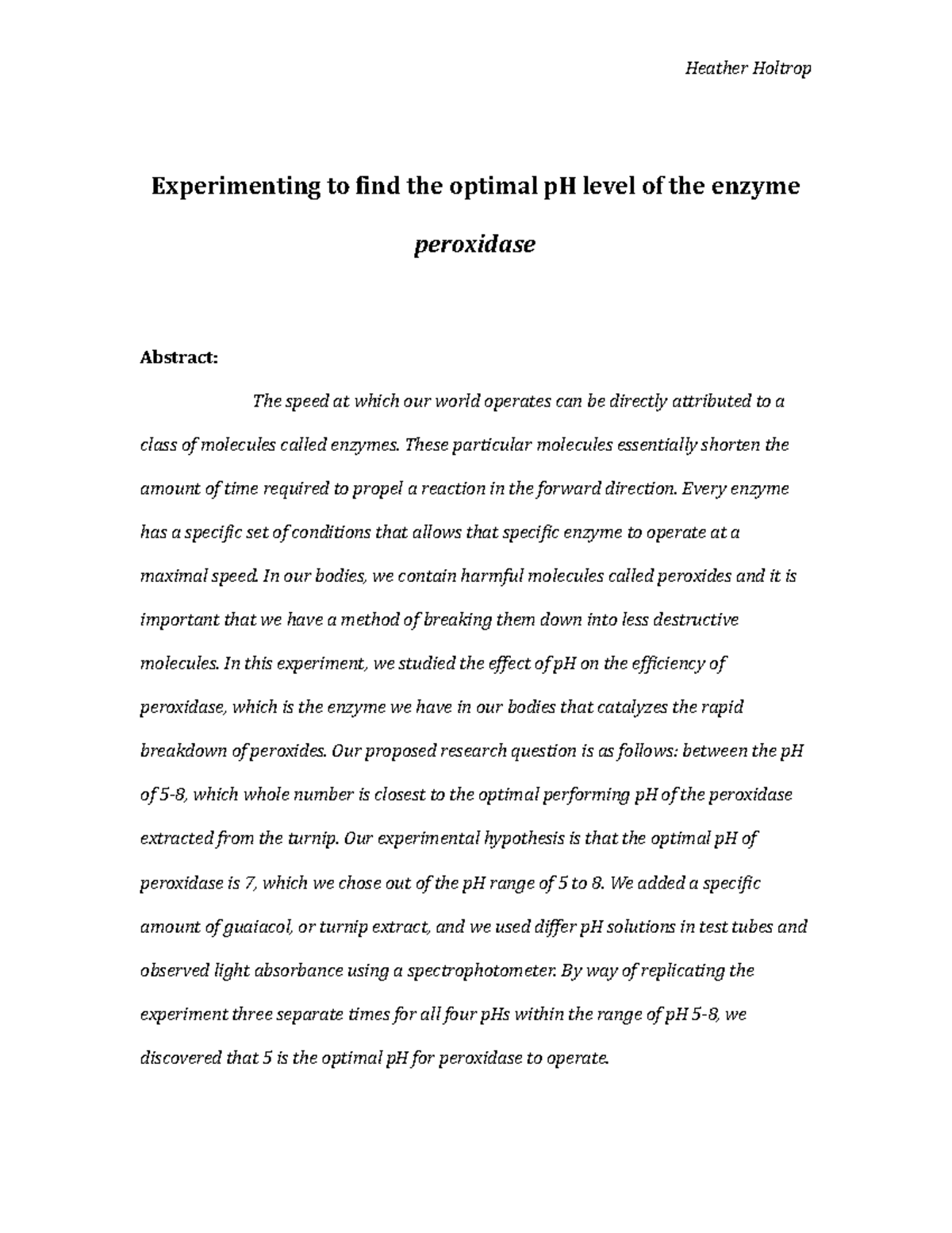 Bio Research Paper - Experimenting to find the optimal pH level of the ...