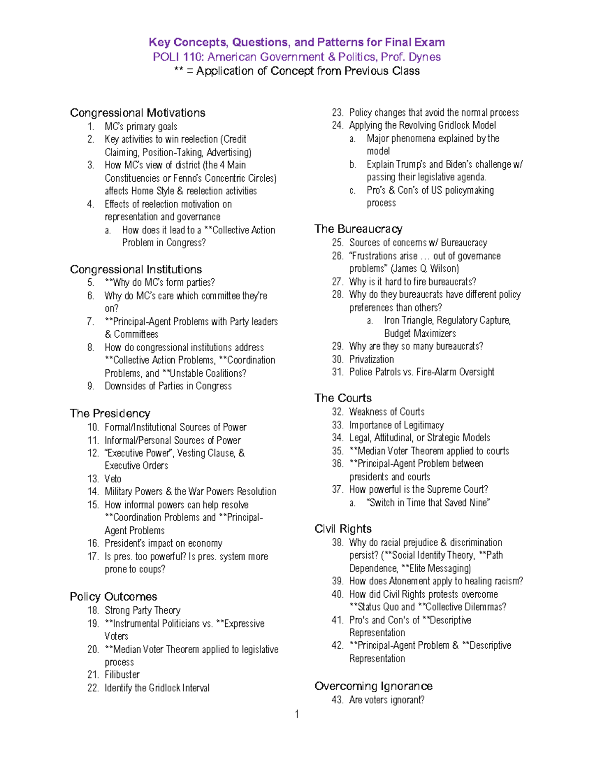 POLI 110 Final - 1 Key Concepts, Questions, and Patterns for Final Exam ...