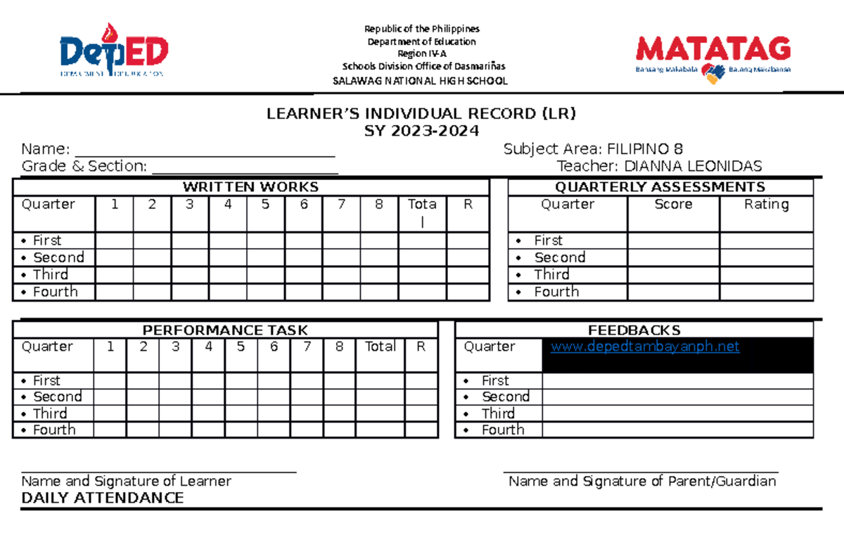 Individual Learners Record LR - Republic of the Philippines Department ...