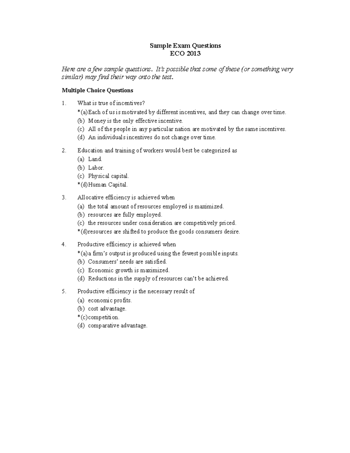 ECO 2013 first practice exam w answers - Sample Exam Questions ECO 2013 ...