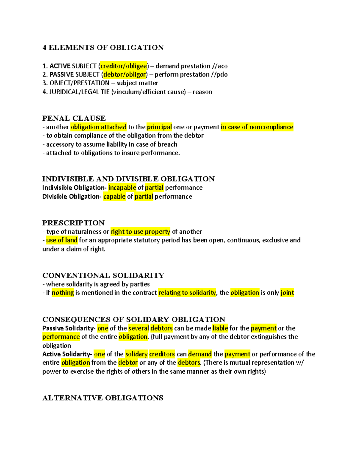 Law - Notes and Reviewer - 4 ELEMENTS OF OBLIGATION ACTIVE SUBJECT ...
