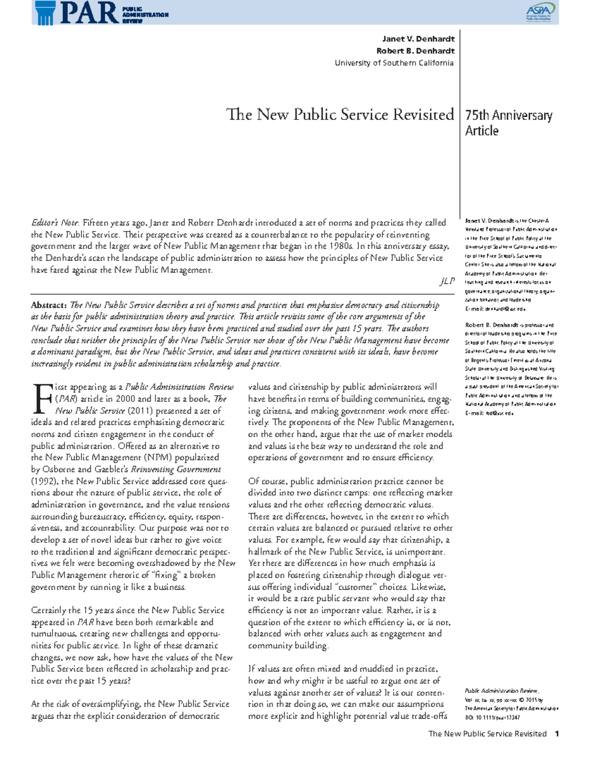 Denhardt 2015 - New Public Service - 75th Anniversary Article Janet V ...