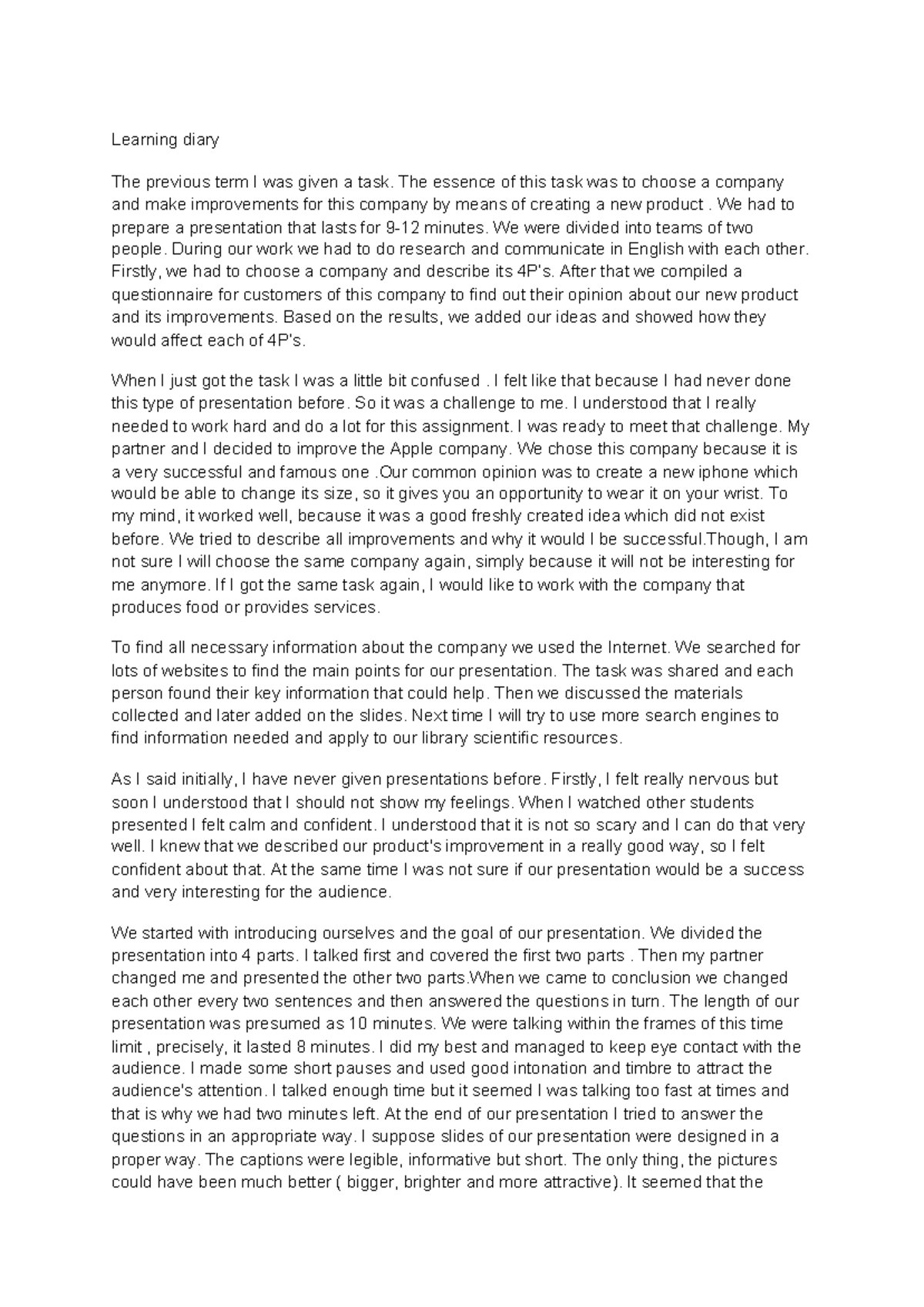 F - assignment - Learning diary The previous term I was given a task ...