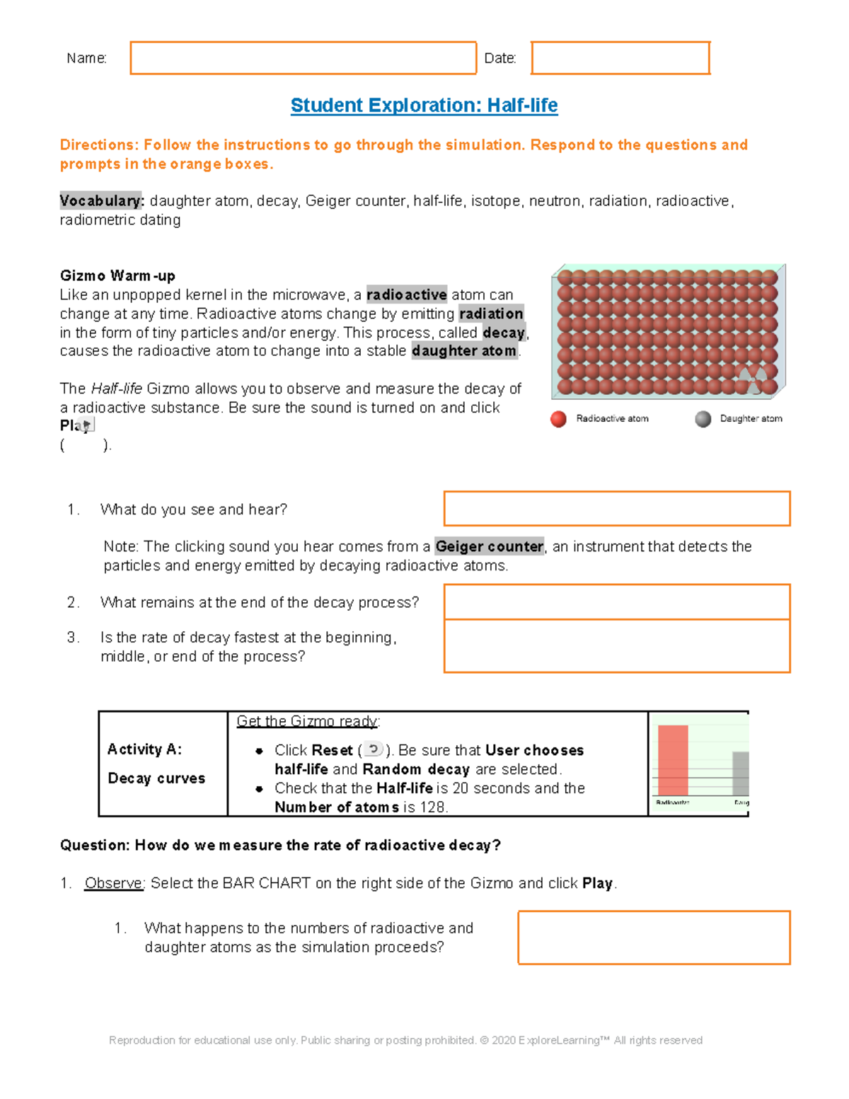 Half life gizmo - Name: Date: Student Exploration: Half-life Directions ...
