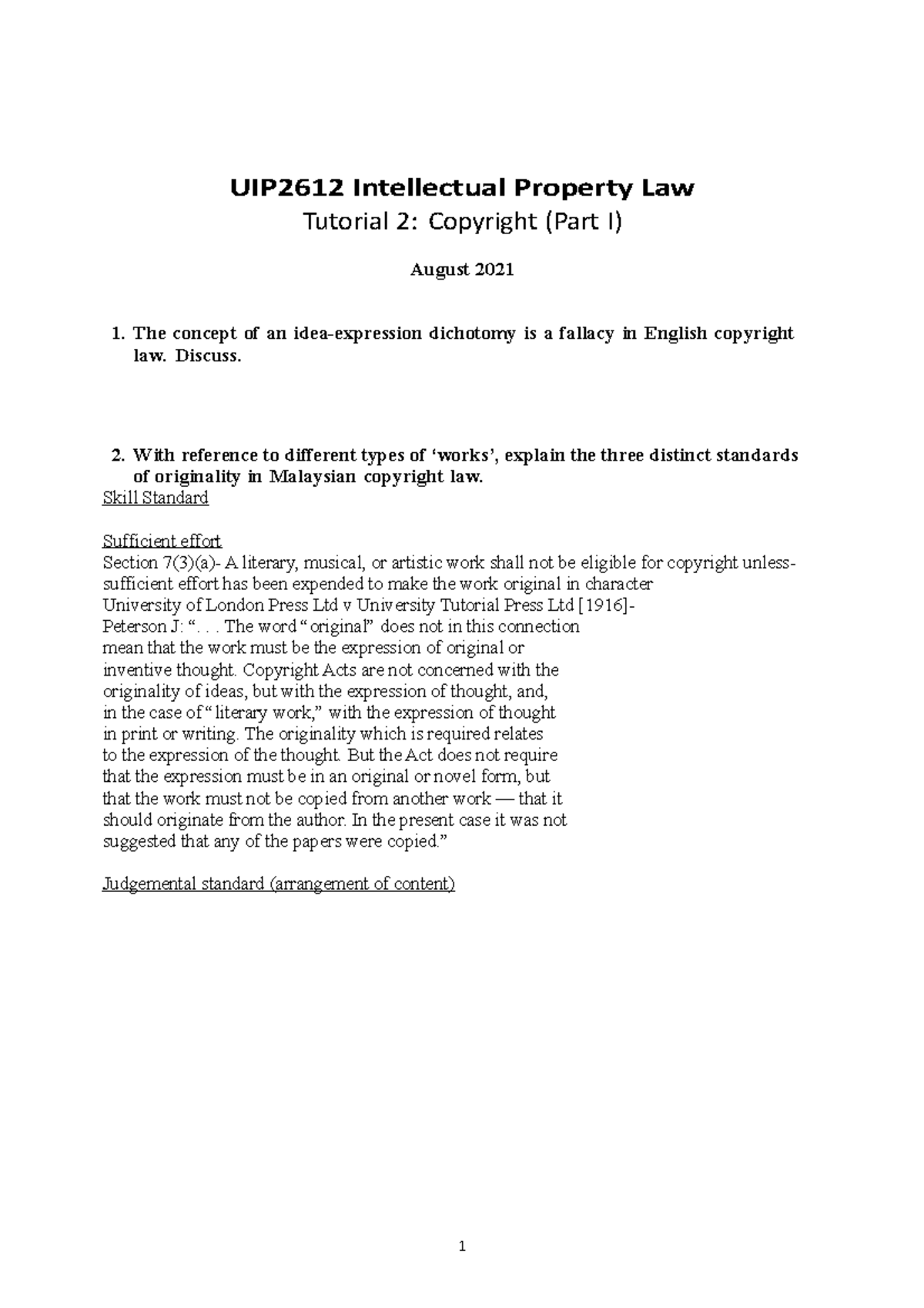 UIP2612 - Tutorial 2 (Copyright I) - UIP2612 Intellectual Property Law ...
