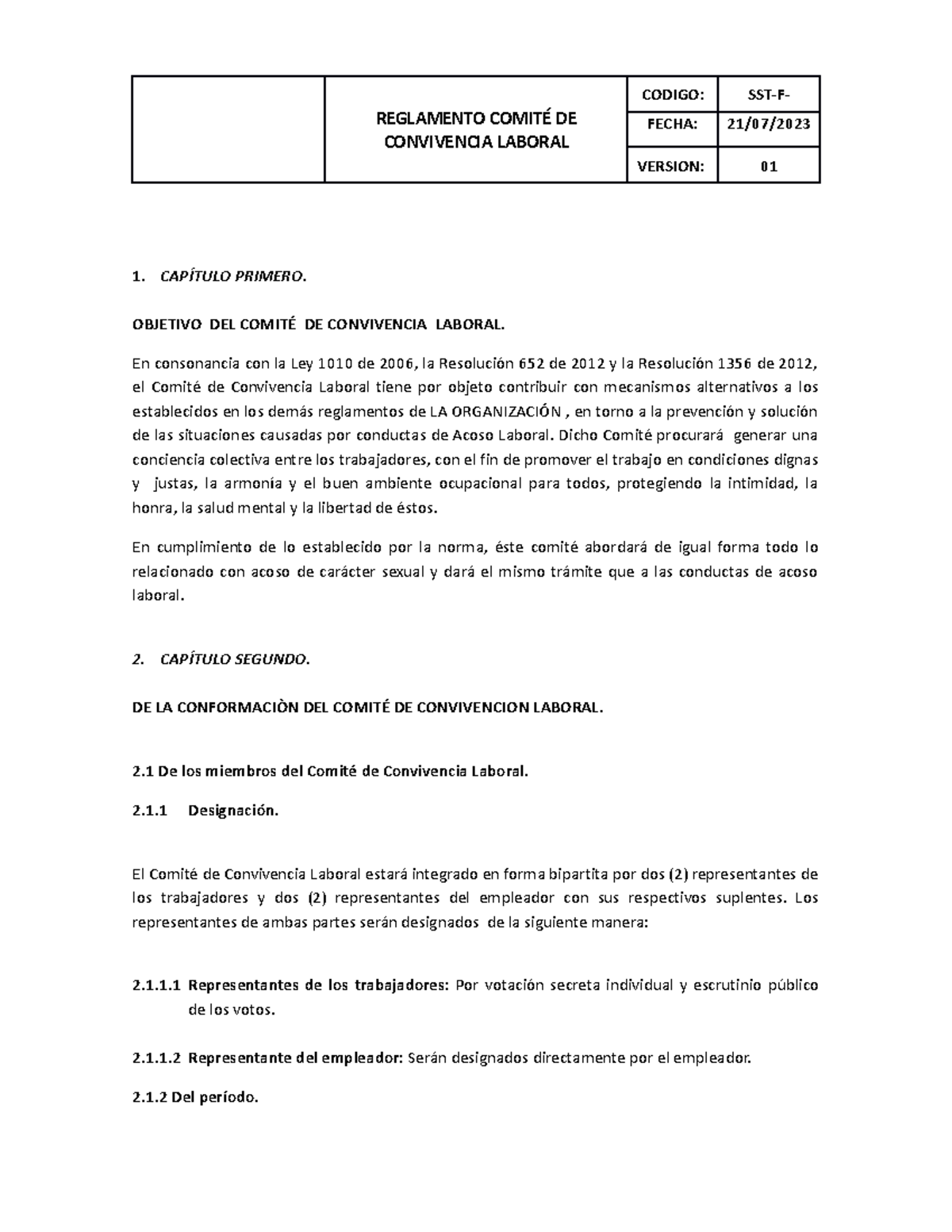 Reglamento DEL Comite DE Convivencia Laboral - REGLAMENTO COMITÉ DE CONVIVENCIA LABORAL FECHA ...