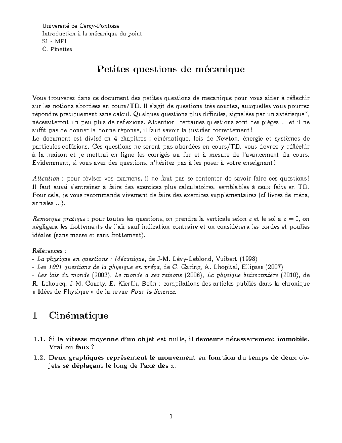 Questions mecanique - Universit ́e de Cergy-Pontoise Introduction `a la ...