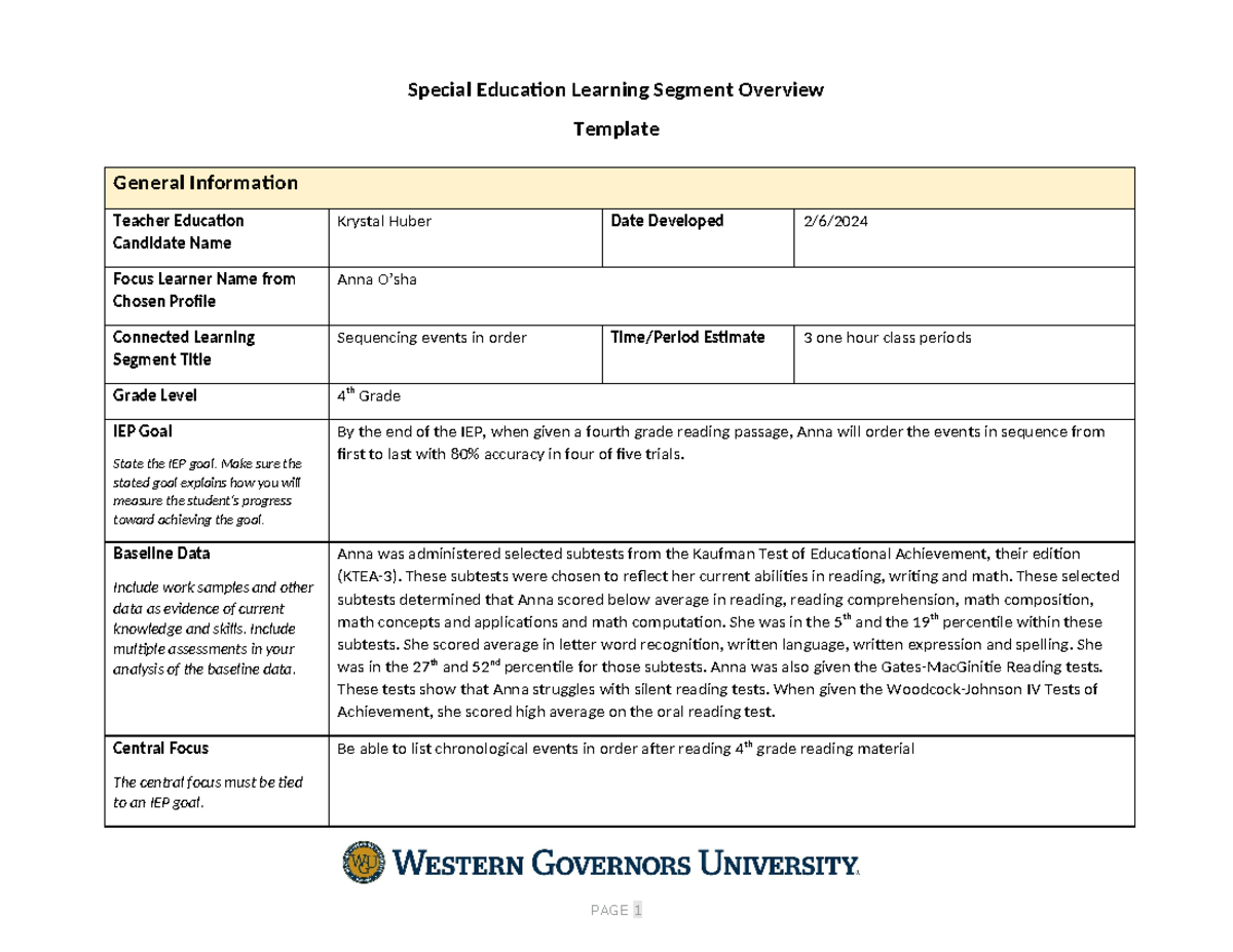 D006 Task 2 - Task 2 - Special Education Learning Segment Overview ...