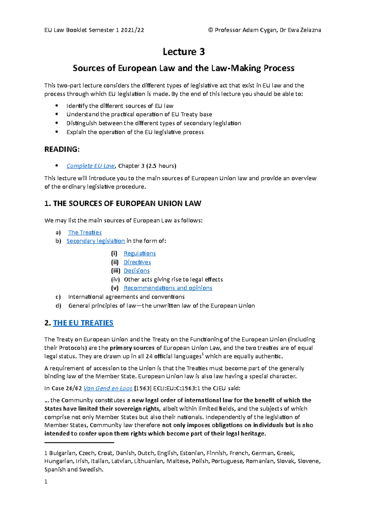 Lecture 3 - Sources of Law and Law Making in the EU(1) - Lecture 3 ...