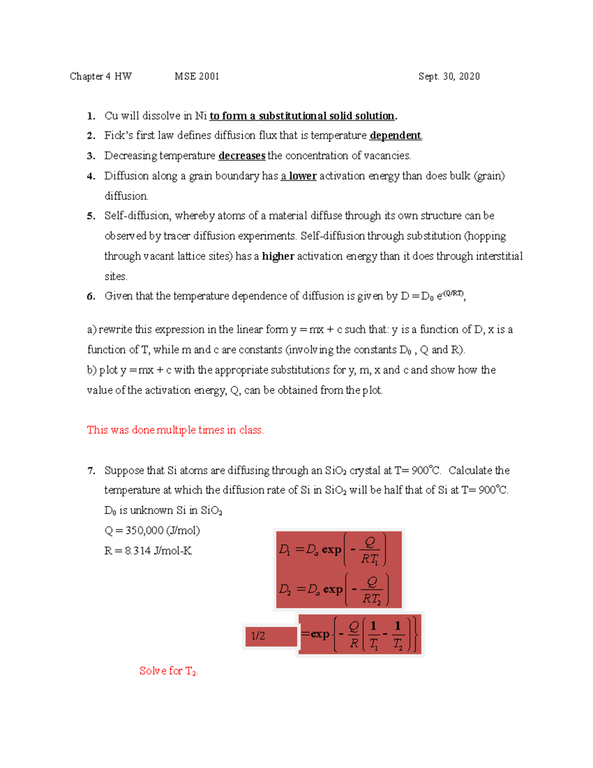 Defects and Diffusion Problems with Solutions - Chapter 4 HW MSE 2001 ...