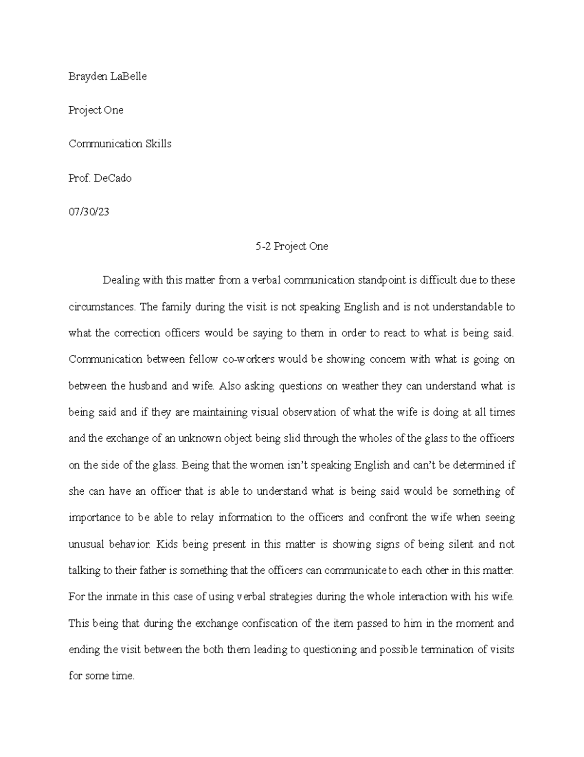 Project One assignment - Brayden LaBelle Project One Communication ...