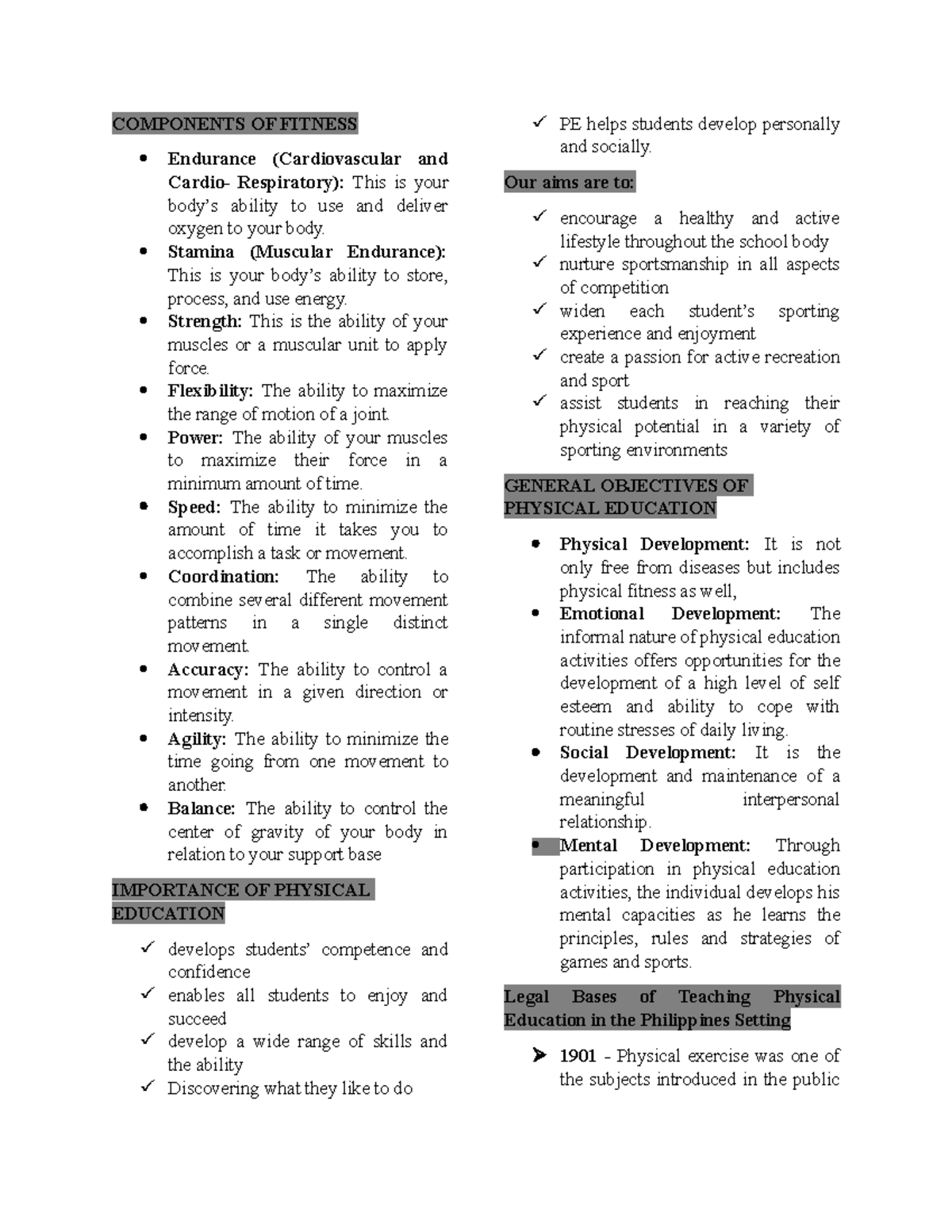 PE Reviewer - PRELIM LECTURE - COMPONENTS OF FITNESS Endurance ...