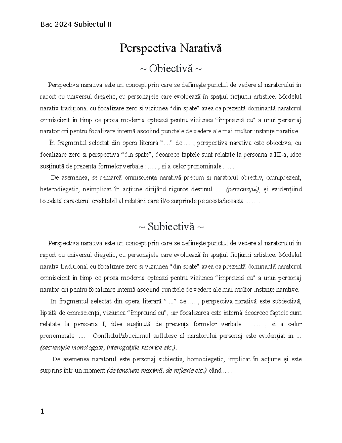 Perspectiva Narativă - Bac 2024 Subiectul II Perspectiva Narativă ...