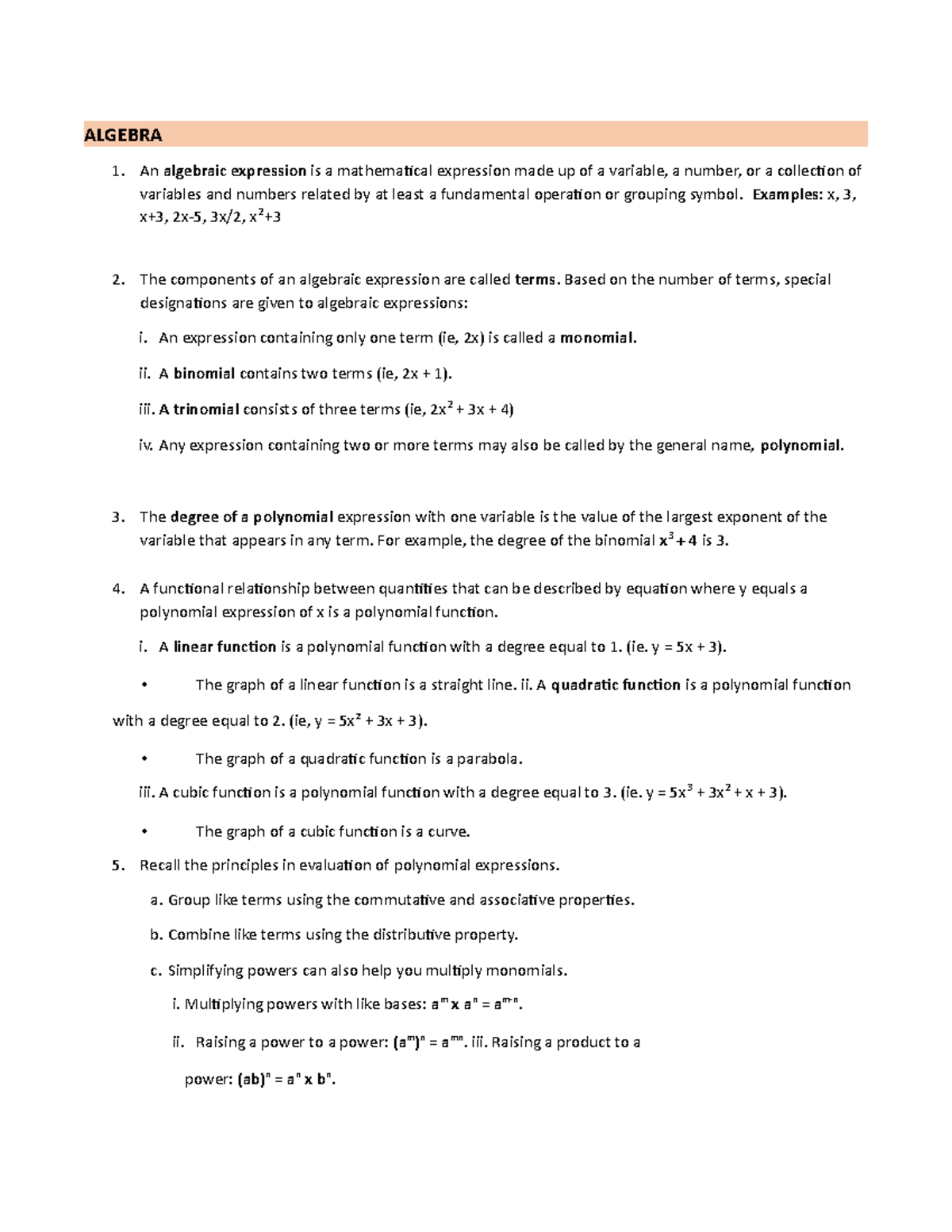 Algebra Mathematics - ALGEBRA An algebraic expression is a mathematical ...