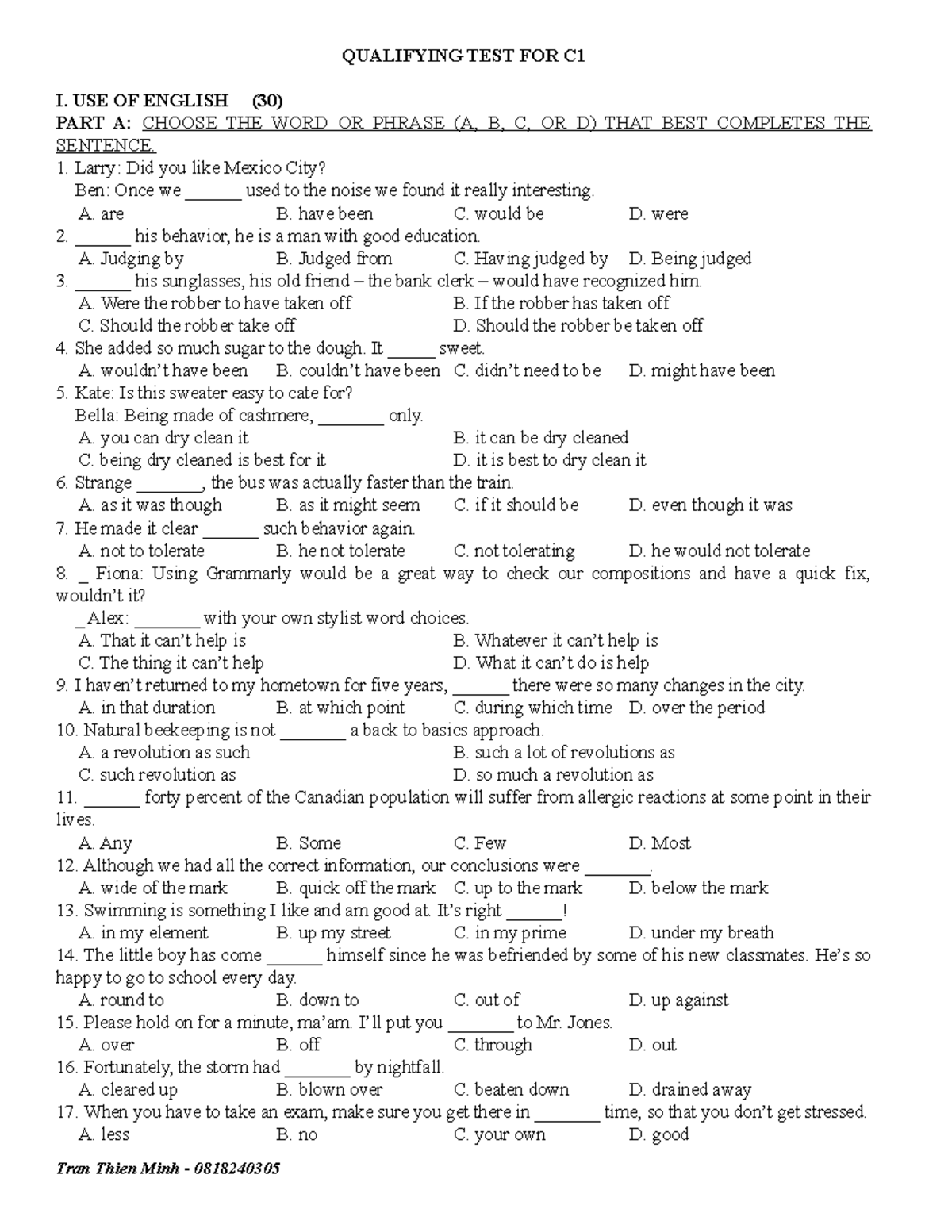 Qualifying test for C1 level - QUALIFYING TEST FOR C I. USE OF ENGLISH ...