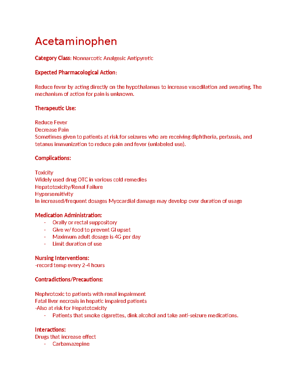 DC #8 - drug card - Acetaminophen Category Class: Nonnarcotic Analgesic ...