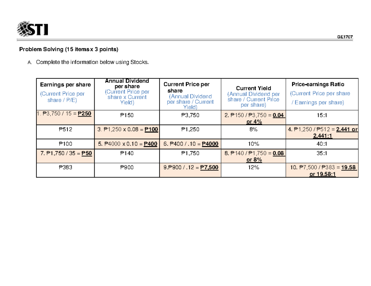 05 Task Performance Stocks and Bonds - GE Problem Solving (15 items x 3 points) A. Complete the ...
