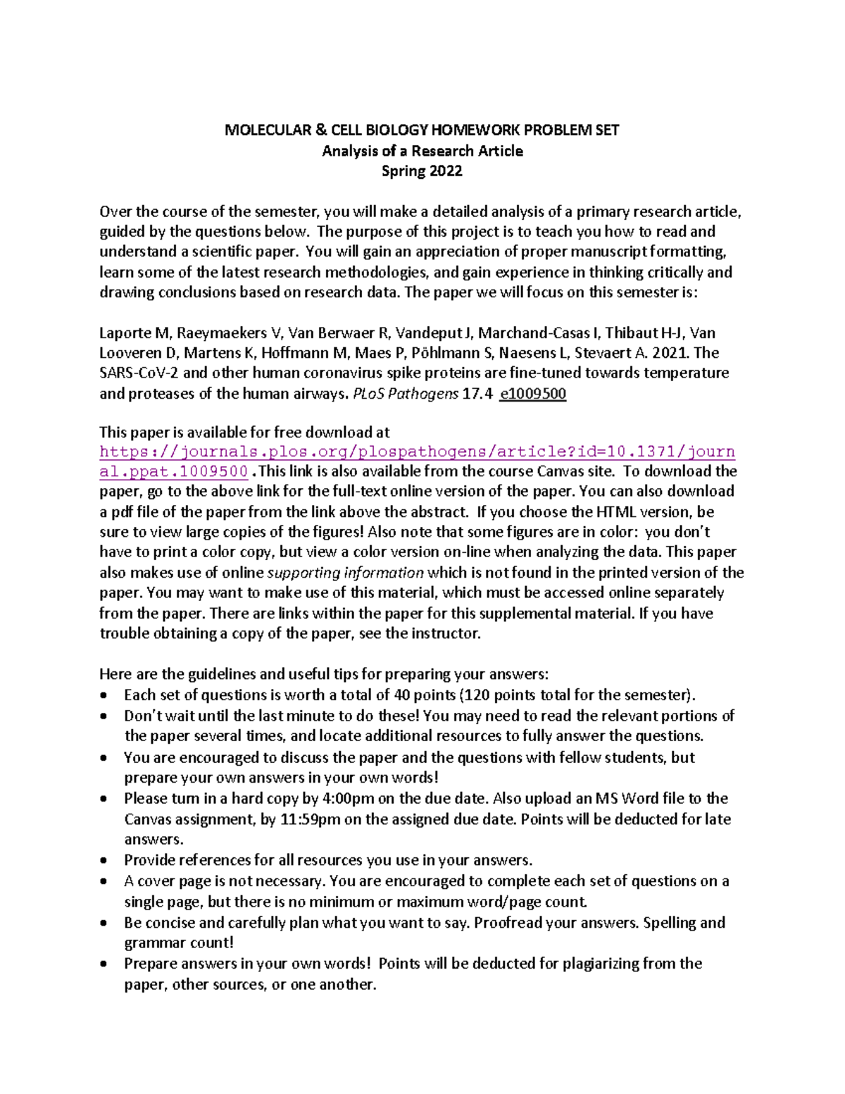 Mo Cell HW Spr 22 - MoCell Homework 1 Instructions - MOLECULAR & CELL ...
