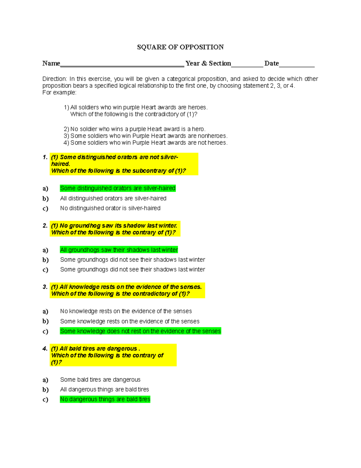 Exercise no. 4 - prolly essay - SQUARE OF OPPOSITION Name