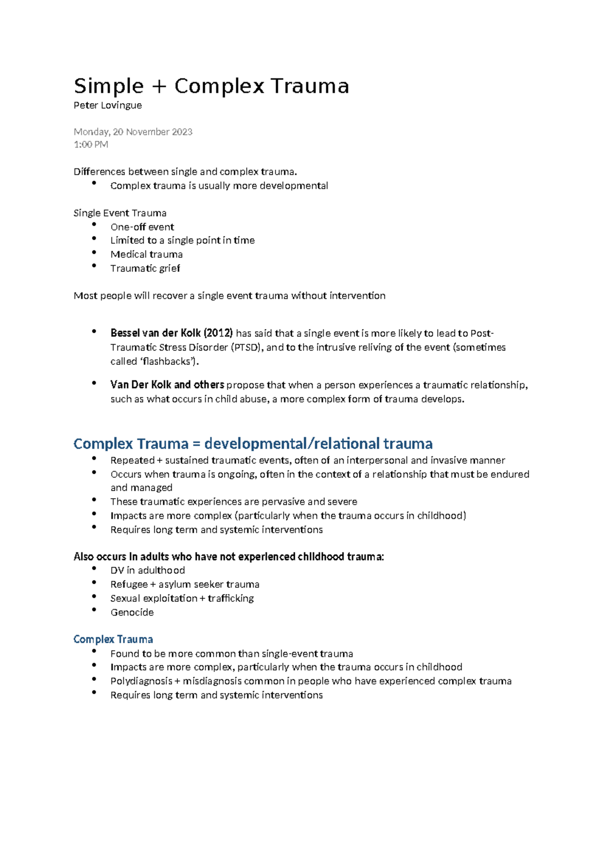 Simple + Complex Trauma - Simple + Complex Trauma Peter Lovingue Monday ...