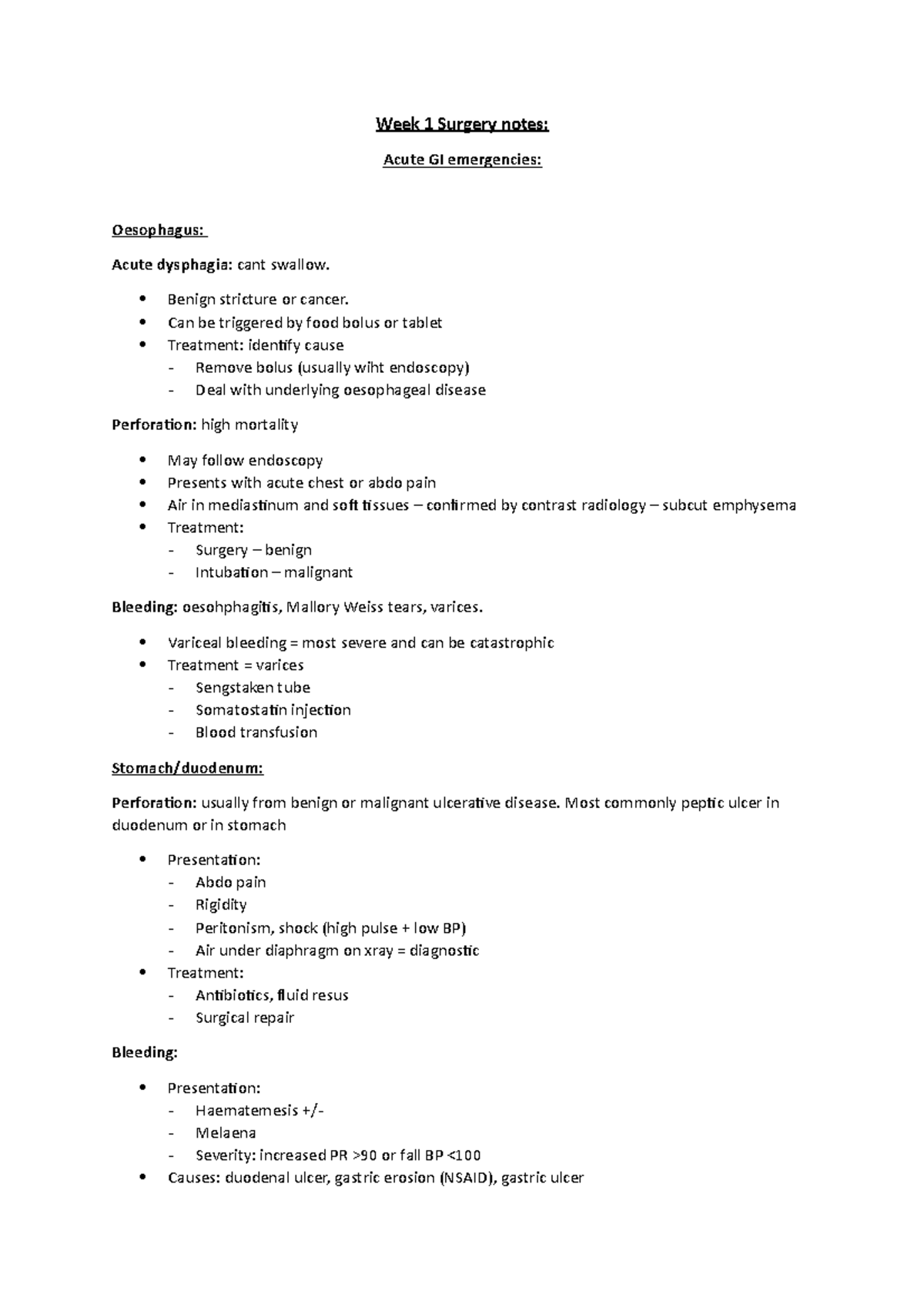 Week 1 Surgery notes - Week 1 Surgery notes: Acute GI emergencies ...