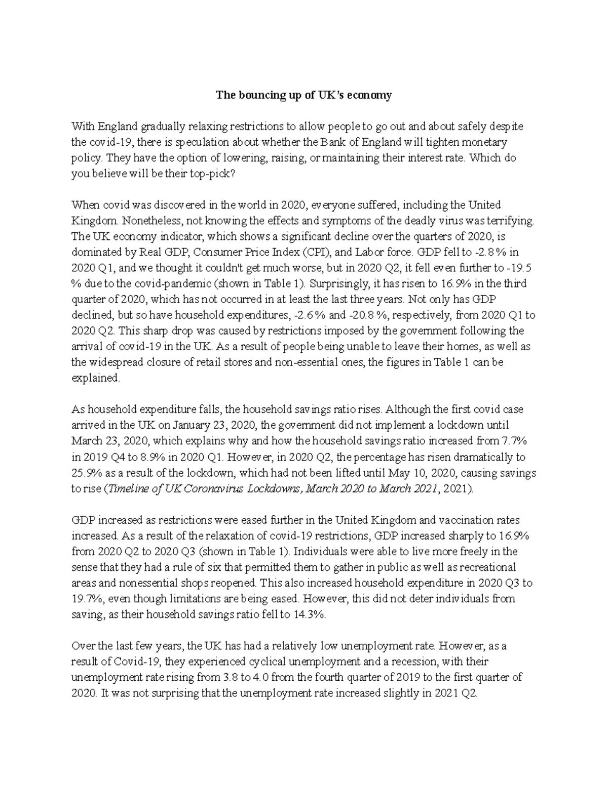 BU1003 Assessment 3 SP52' 21 - The bouncing up of UK’s economy With ...