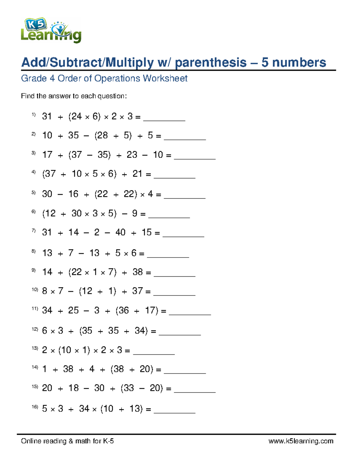 Grade 4 add subtract multiply parenthesis five numbers d - Online ...