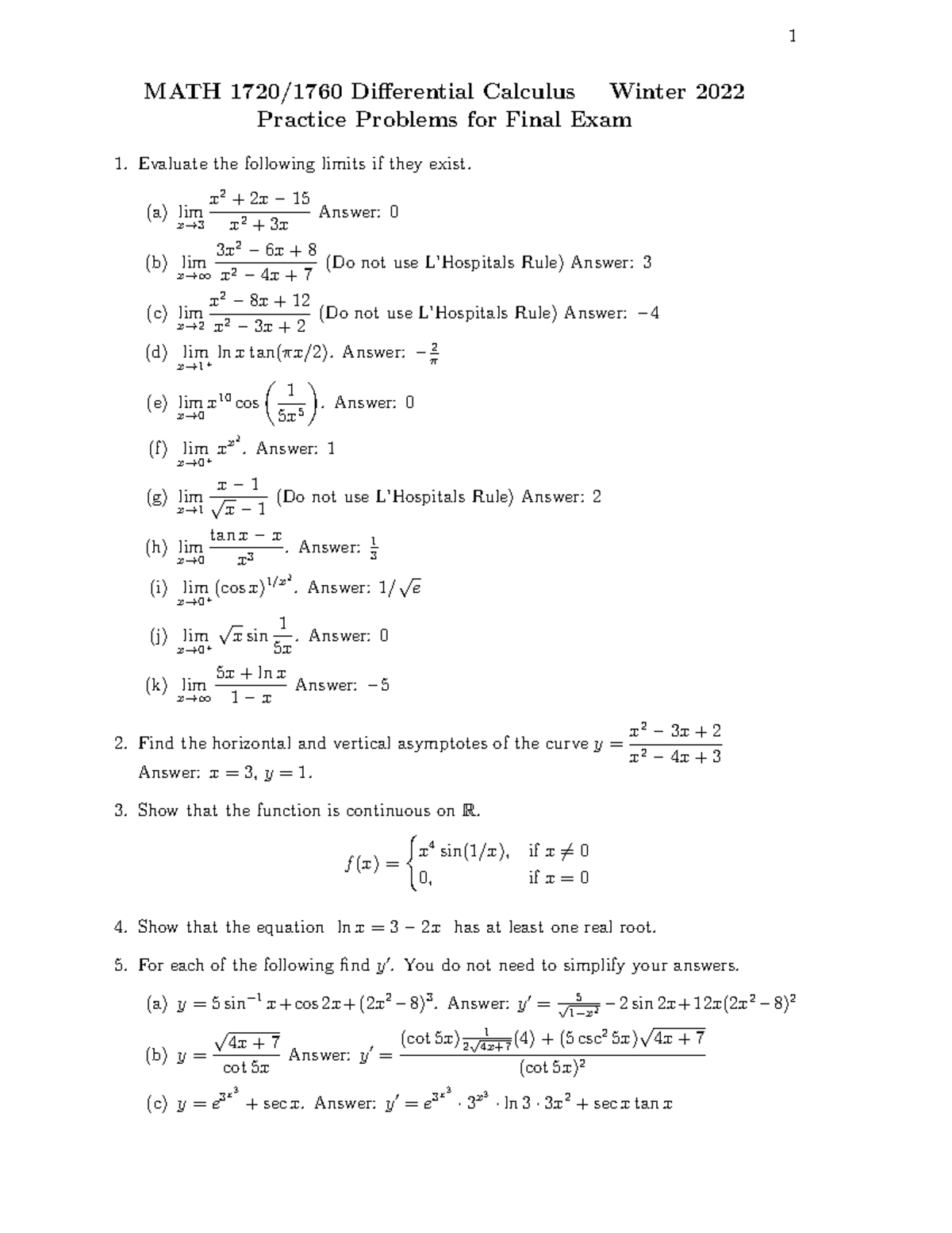 1760Practice Questions Final W22 - 1 MATH 1720/1760 Differential ...