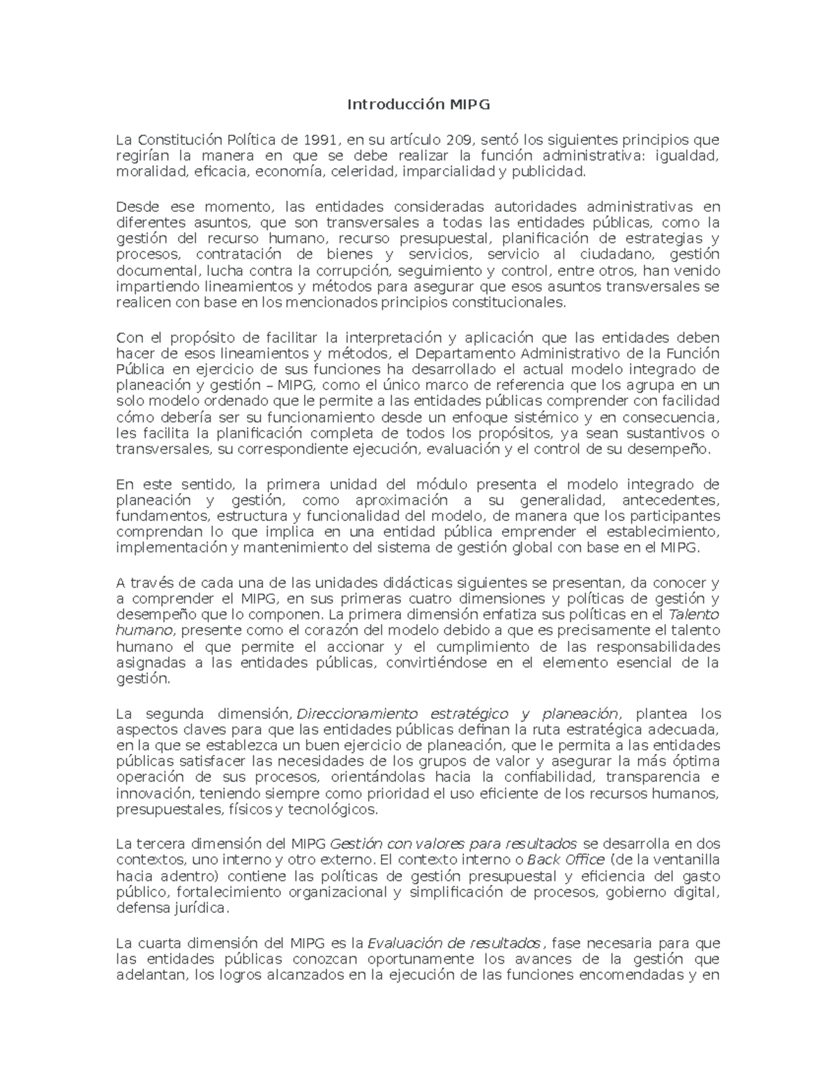 MIPG - Modelo Integrado de Planeación y Gestión - Introducción MIPG La ...