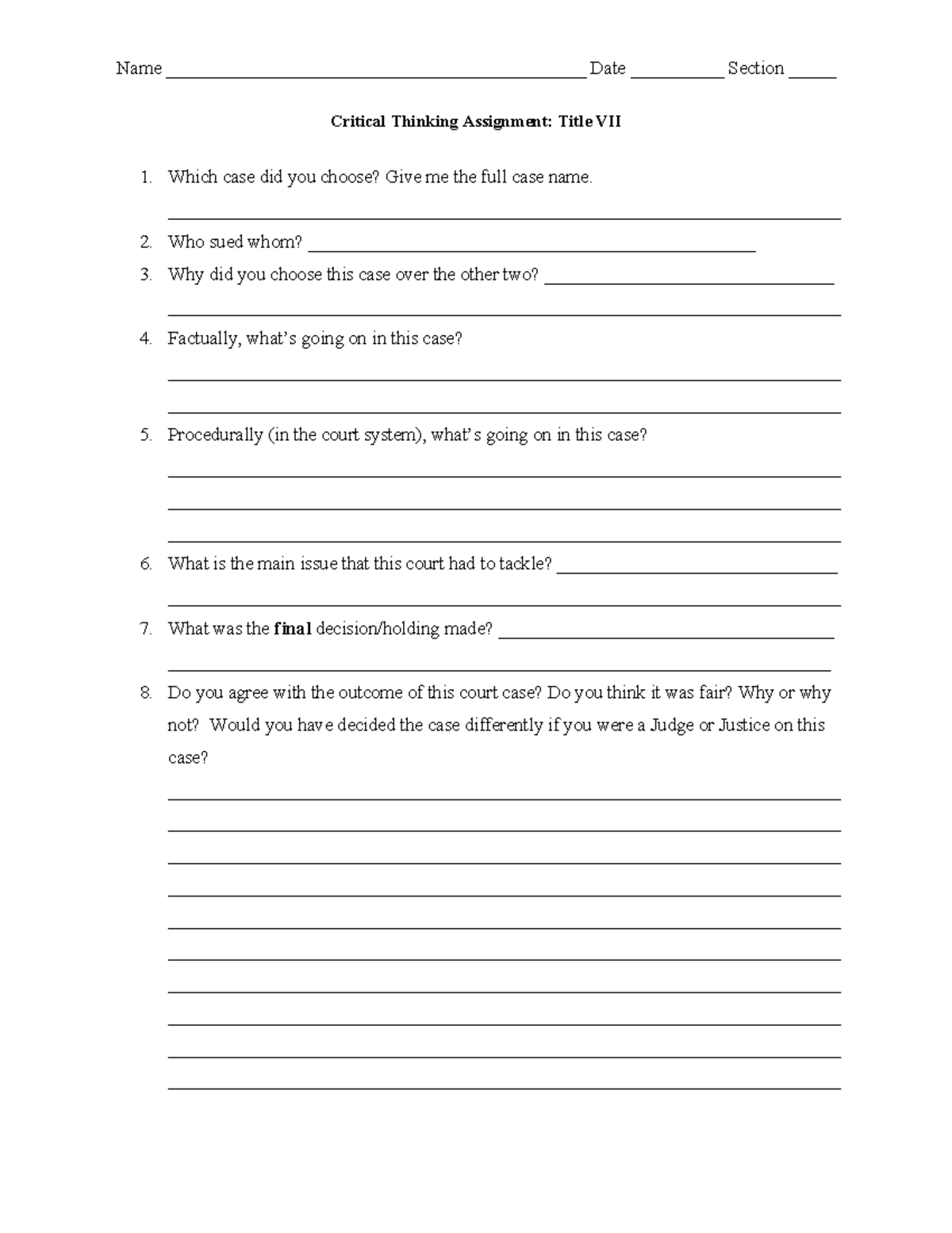 Critical Thinking Assignment - Title VII copy - Name