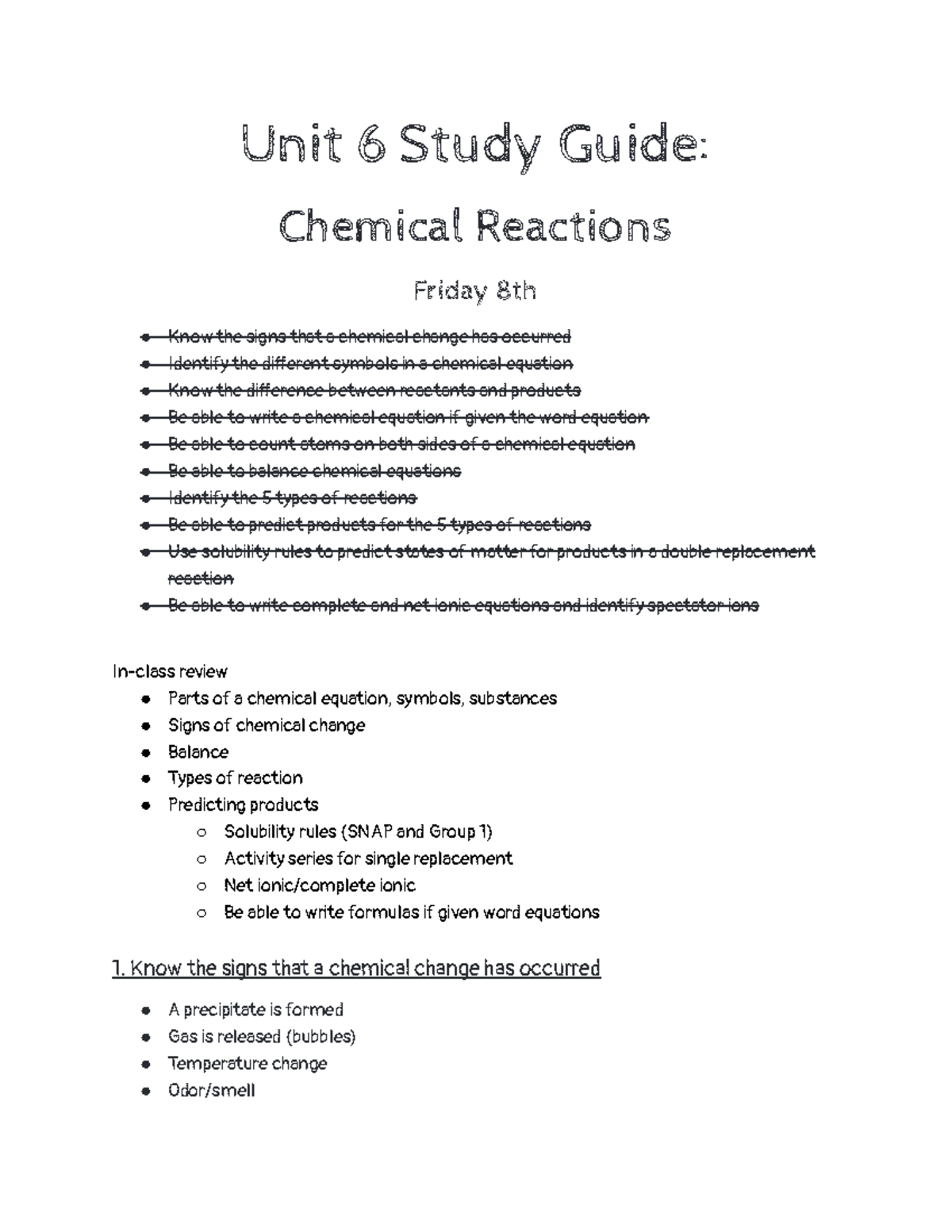 Copy of Chem - Chemical Reactions Study Guide - Unit 6 Study Guide ...