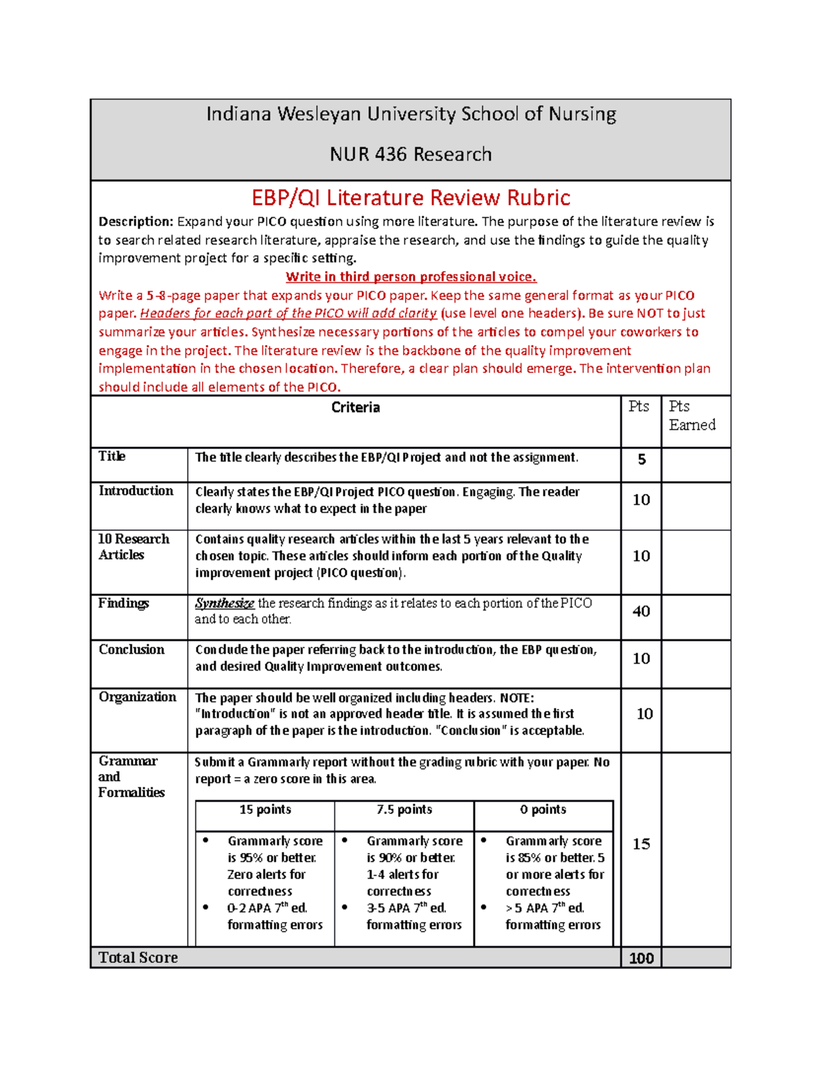 EBP:QI Literature Review Rubric - Indiana Wesleyan University School of ...