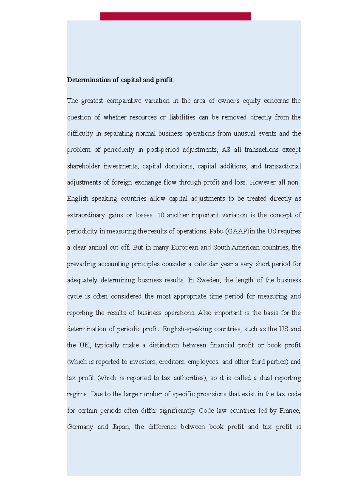 Notes Accounting - Determination of capital and profit - Determination ...