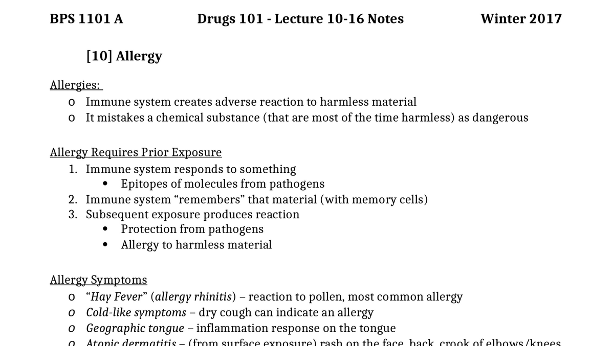 Bps101 - Allergies - BPS1101 - Studocu