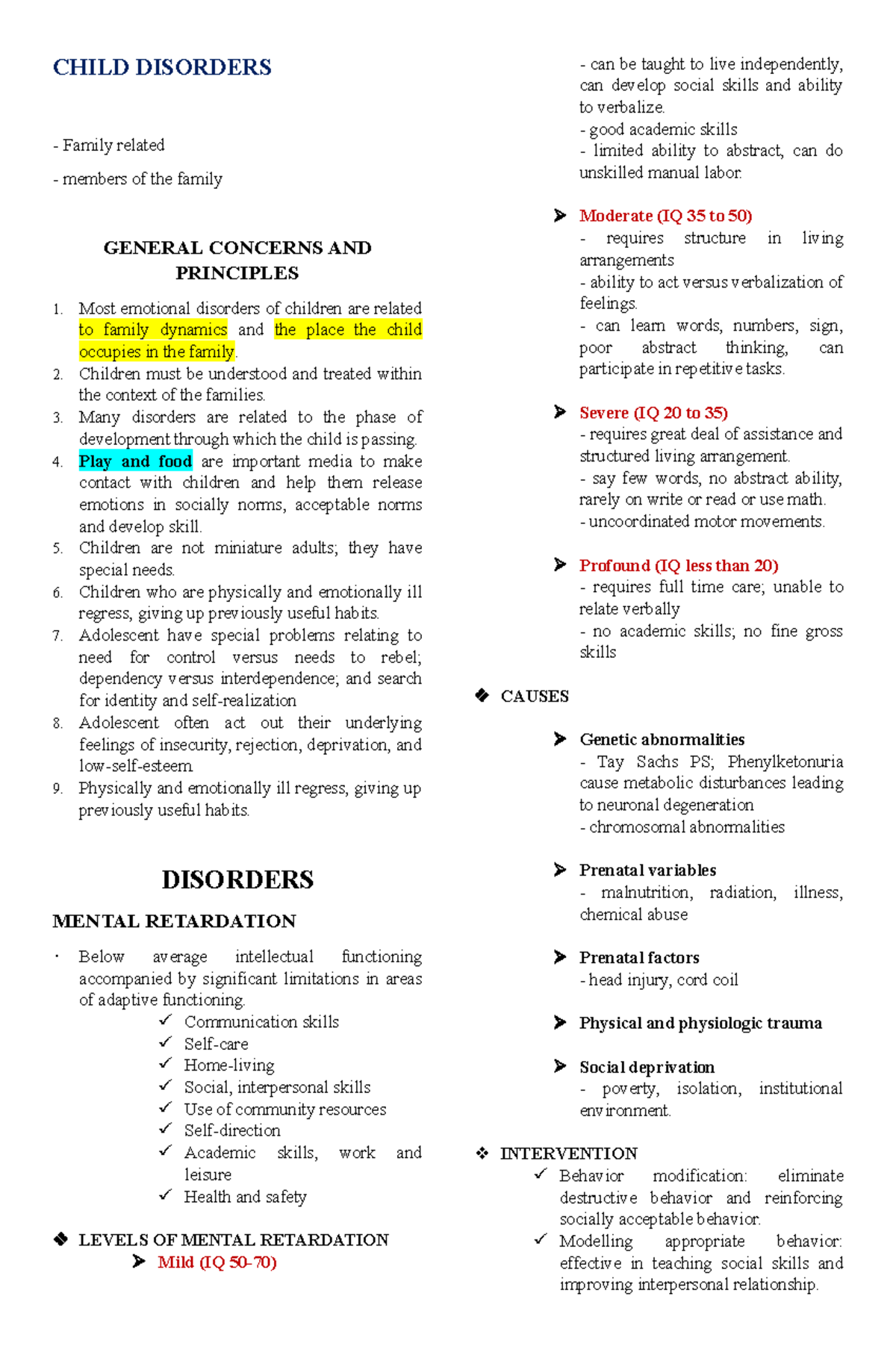 Child Disorders - notes - CHILD DISORDERS Family related members of the ...