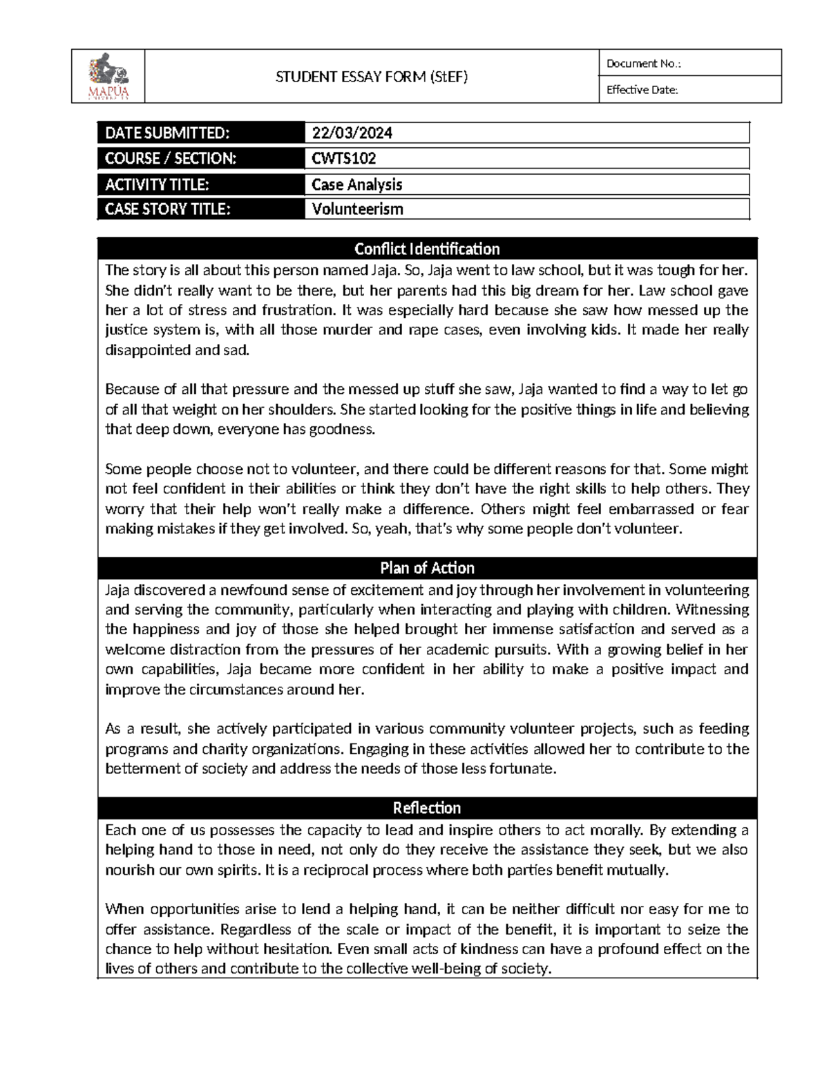 Cwts102 A20 essay 6 Copy - STUDENT ESSAY FORM (StEF) Document No ...