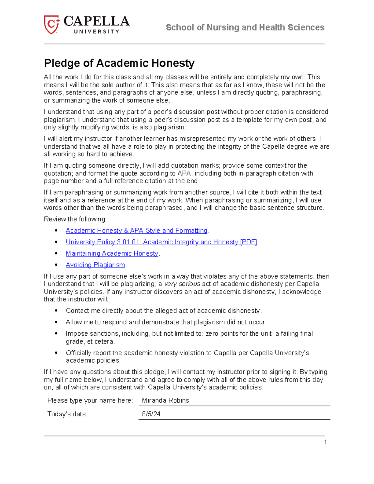 NHS-FPX5004 Assignment 1 - School of Nursing and Health Sciences Pledge ...