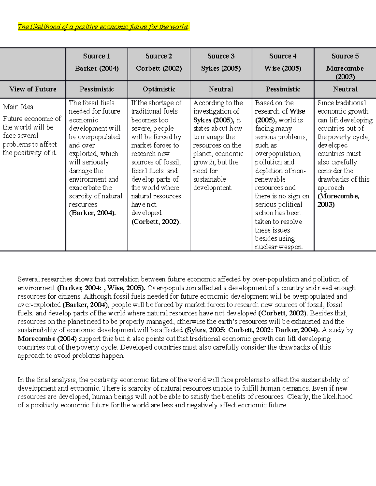 Synthesis Matrix - Academic English - T he likelihood of a positive ...