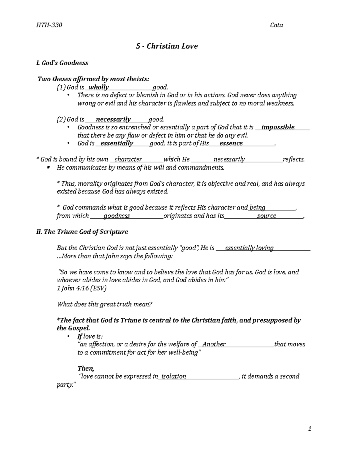 5 - Handout - Christian Love (1) - Copy - 5 - Christian Love I. God’s ...