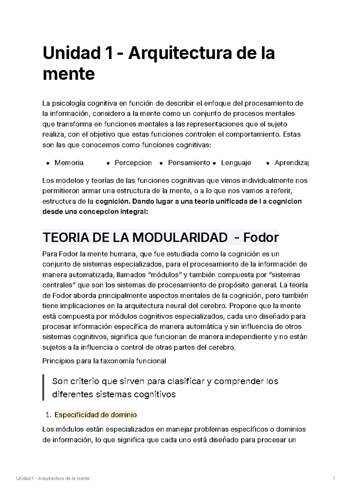 Unidad 1 - Arquitectura de la mente - Teoria de la modularidad de Fodor ...
