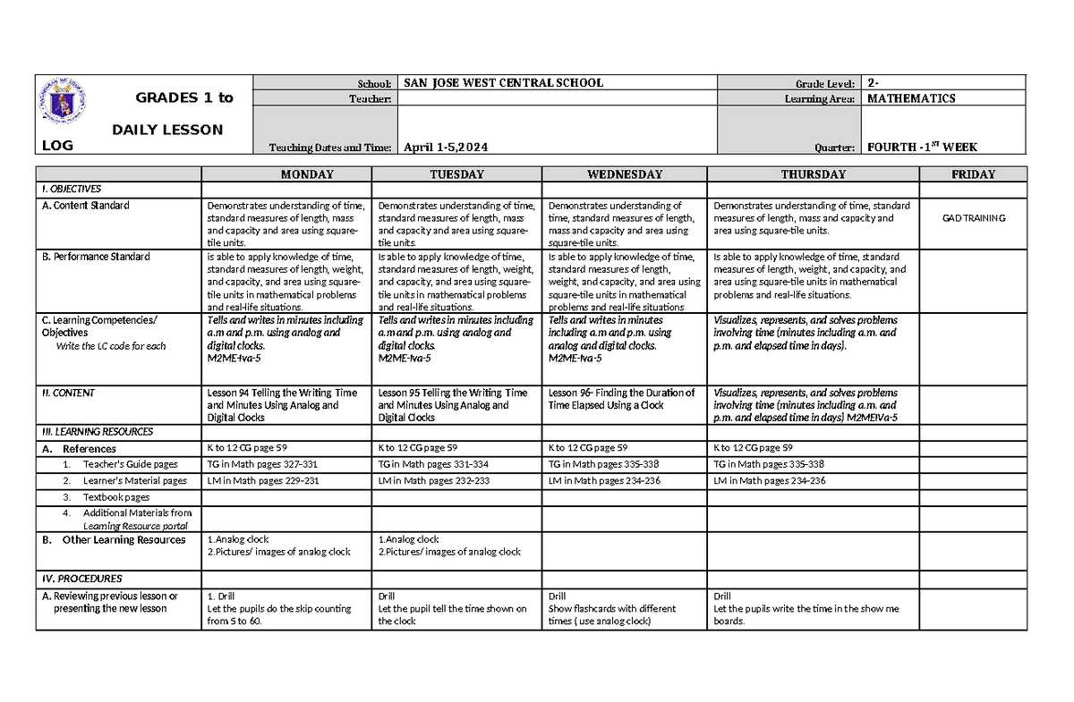 DLL-MATH2-Q4W1 - GRADES 1 to 12 DAILY LESSON LOG School: SAN JOSE WEST ...
