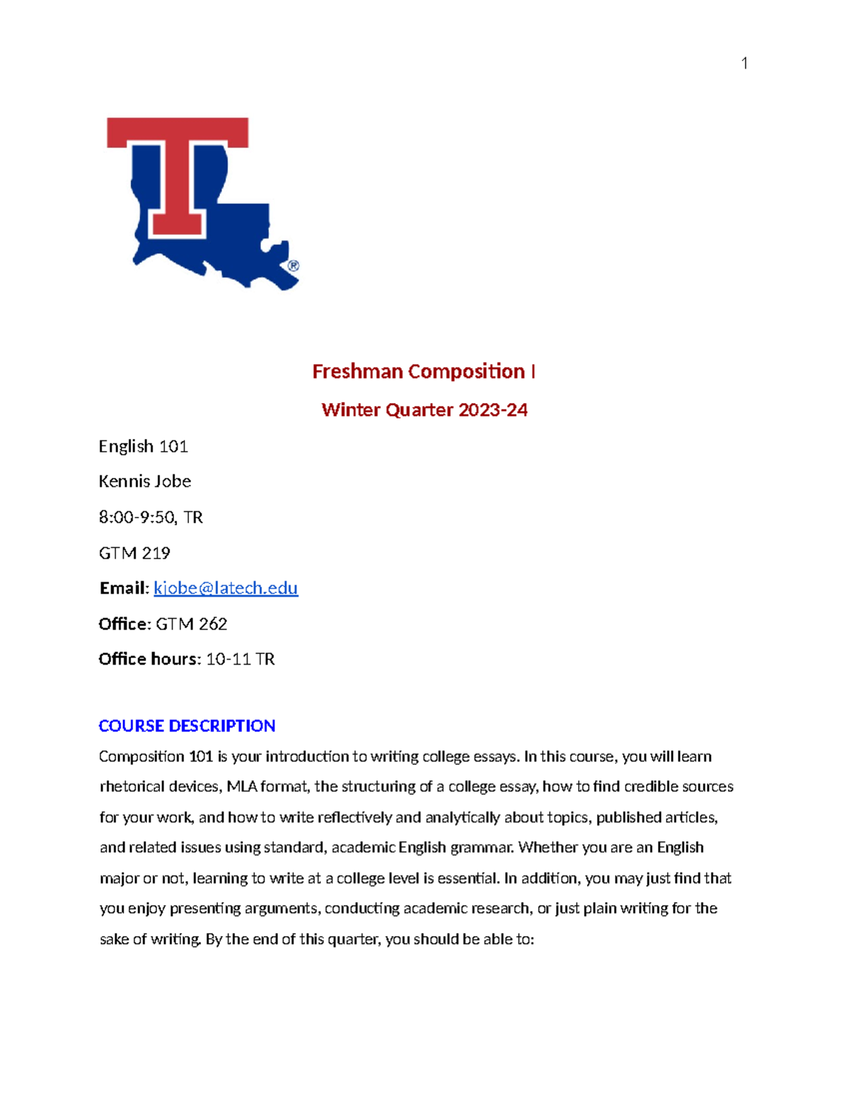 Syllabus - Freshman Composition I Winter Quarter 2023- English 101 ... Syllabus - Freshman Composition I Winter Quarter 2023- English 101 ...