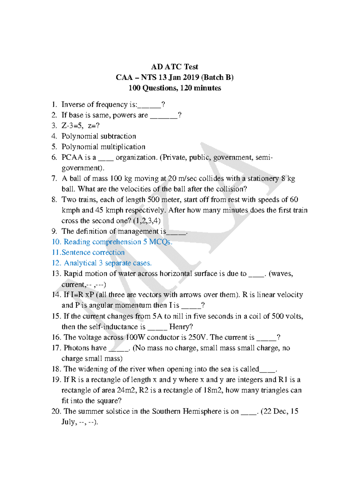AD ATC CAA Jan 2019 Batch B - AD ATC Test CAA – NTS 13 Jan 2019 (Batch ...