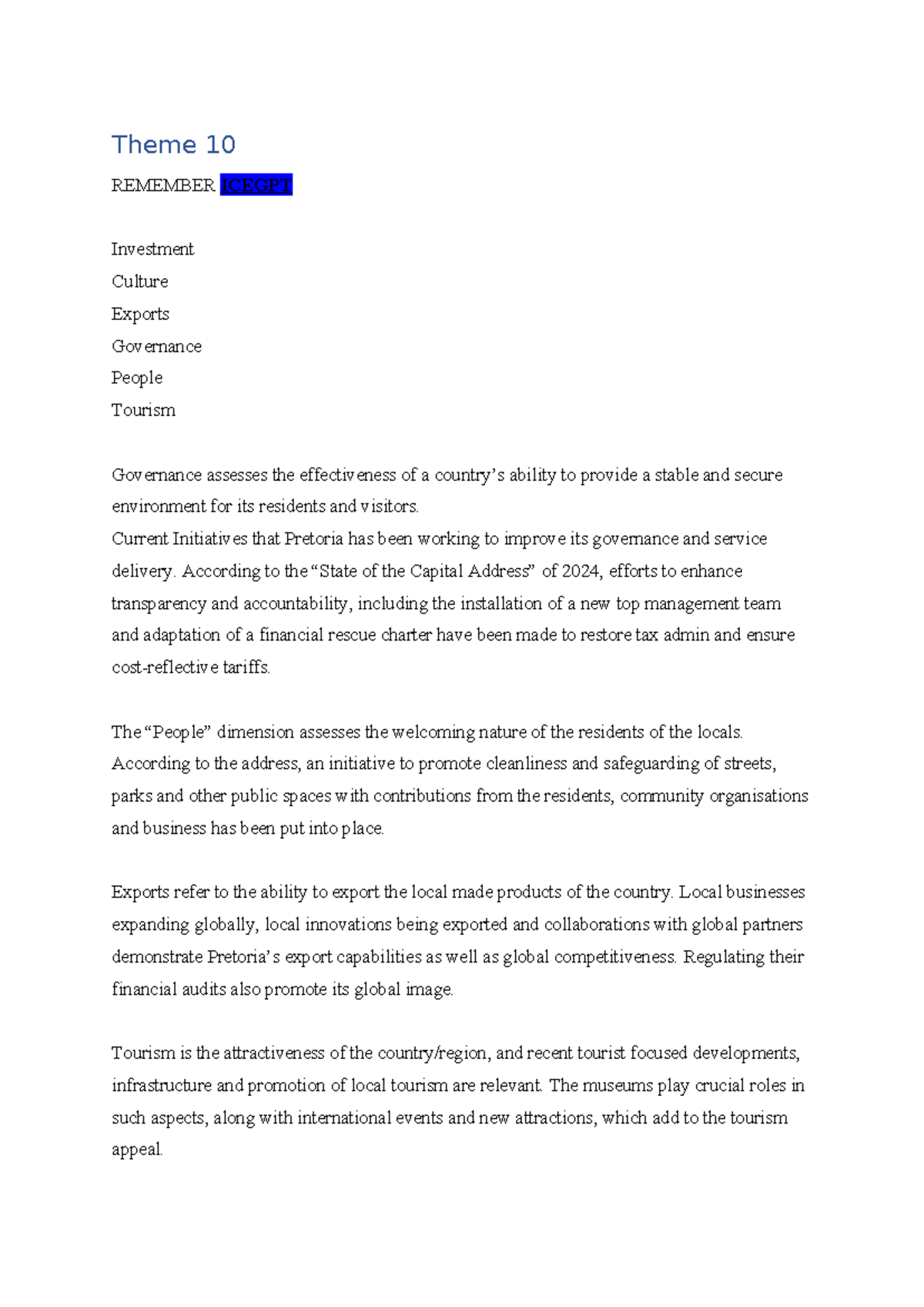 Theme 10 Notes EFK210 - Theme 10 REMEMBER ICEGPT Investment Culture ...
