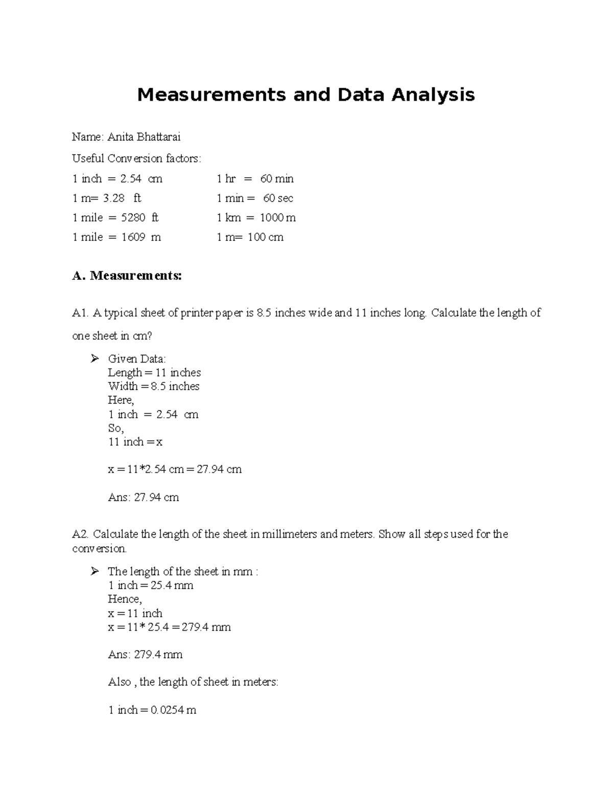 Measurement and Data Analysis(1) - Measurements and Data Analysis Name ...