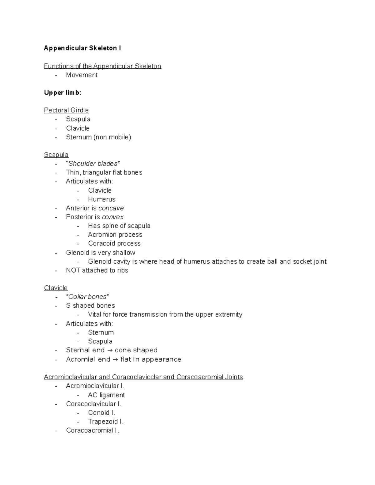 Appendicular Skeleton I - Appendicular Skeleton I Functions of the ...