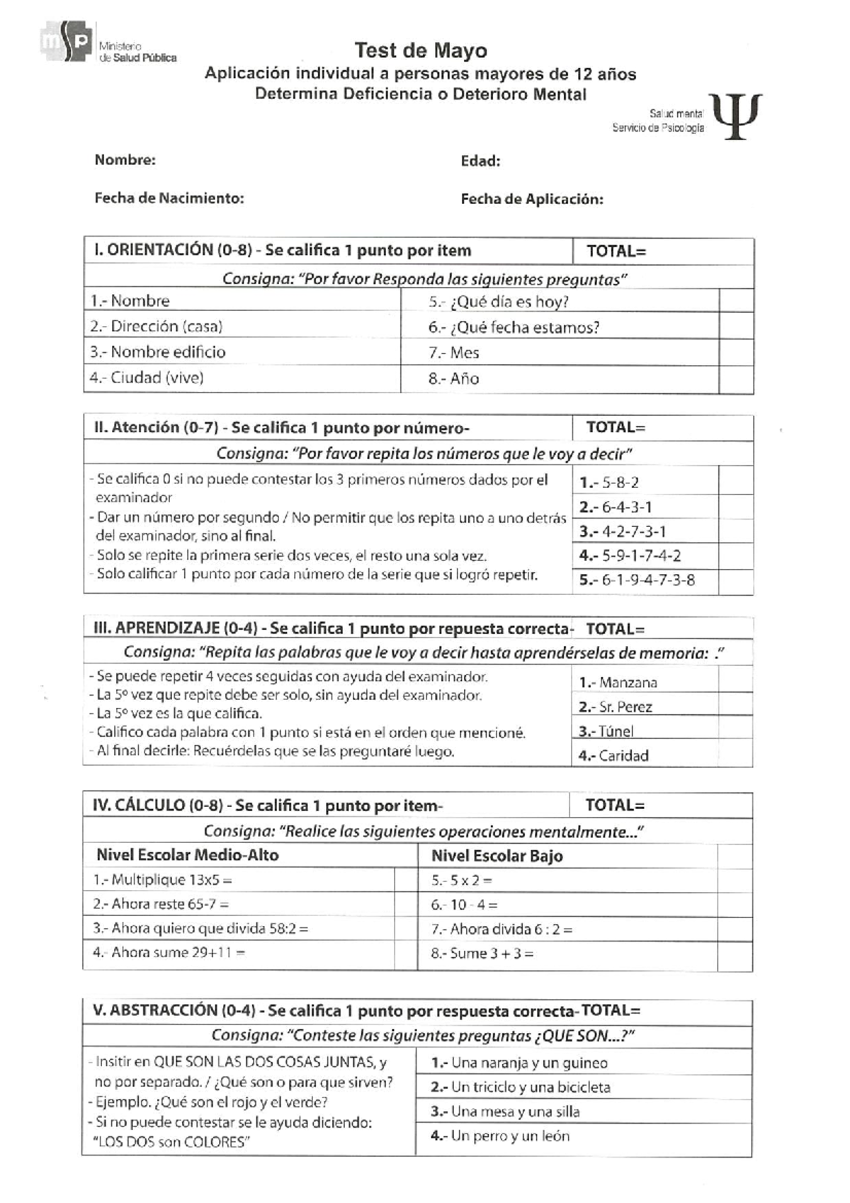 Test de mayo - Valoración del estado cognitivo del sujeto - Psicologia ...