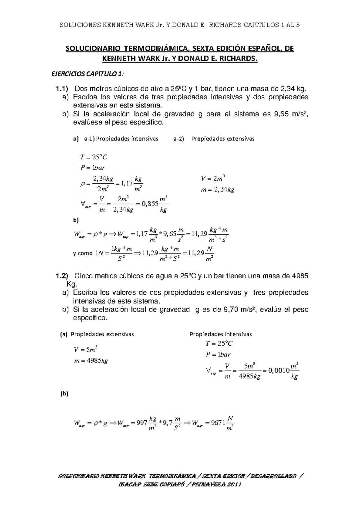 Solucionario Termo Dinamica CAP 1 - ####### SOLUCIONARIO KENNETH WARK ...